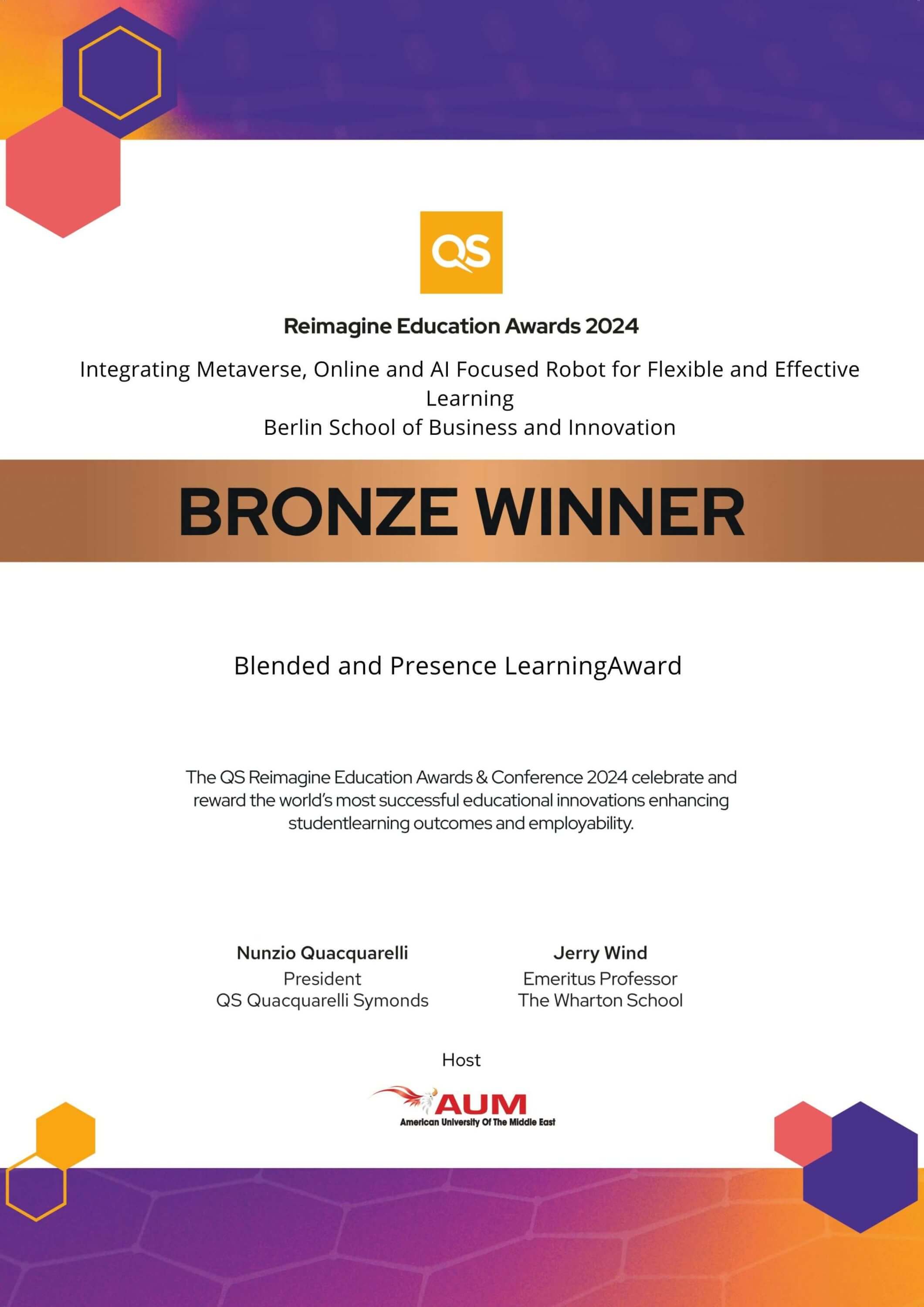 BSBI Wins Bronze at QS Reimagine Education Awards 2024 - BSBI